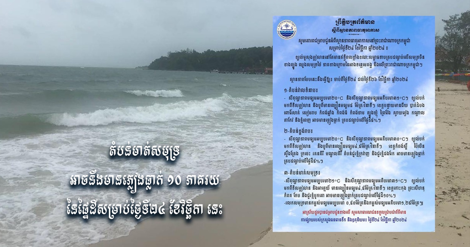 តំបន់មាត់សមុទ្រ អាចនឹងមានភ្លៀងធ្លាក់ ១០ ភាគរយ នៃផ្ទៃដីសម្រាប់ថ្ងៃទី២៤ ...